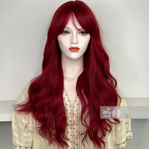 Her Wig Closet | Hair | Red Hair Burgundy Wig Long Wavy Wig With Bangs ...